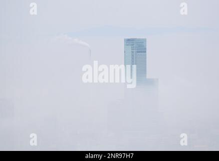 An aerial photo shows foggy landscape in Osaka on February 15, 2020 ...