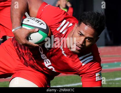 Tonga's Ataata Moeakiola of Kobe Steel Rugby Club (Kobelco Steelers ...