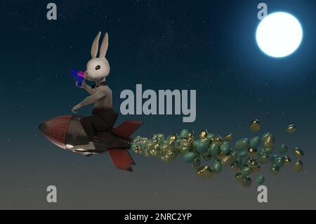 3D Illustration , Bunny Rocket Easter Design. Cute Rabbit flying to sky ...