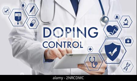 Doping control. Virtual icons and doctor with clipboard on light ...
