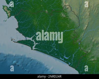 Southern, province of Sierra Leone. Colored elevation map with lakes ...