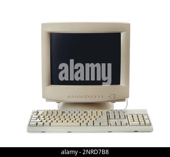 Obsolete CRT computer monitor with blank screen isolated on white ...