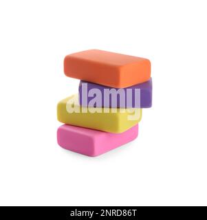 Stack of bright erasers on white background Stock Photo - Alamy