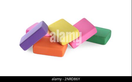 Pile of bright erasers on white background Stock Photo - Alamy