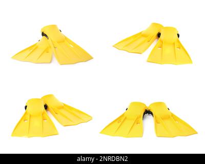 Set with yellow flippers on white background, top view. Banner design ...