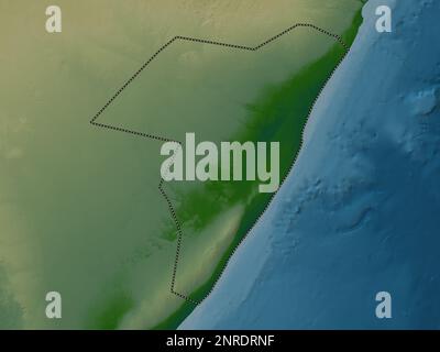 Mudug, region of Somalia. Colored elevation map with lakes and rivers ...