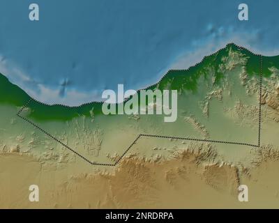 Sahil, region of Somalia. Colored elevation map with lakes and rivers ...