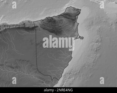Bari, region of Somalia Mainland. Grayscale elevation map with lakes and rivers. Locations of ...