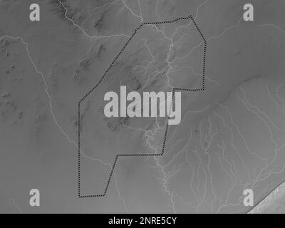 Gedo, region of Somalia Mainland. Grayscale elevation map with lakes and rivers. Locations and ...