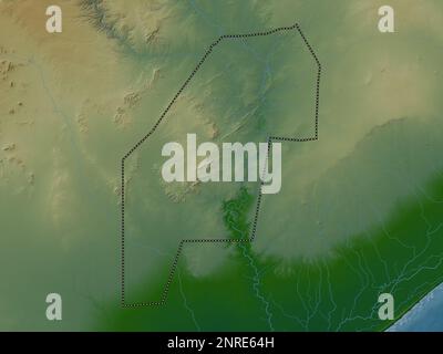 Gedo, region of Somalia Mainland. Colored elevation map with lakes and rivers. Locations and ...