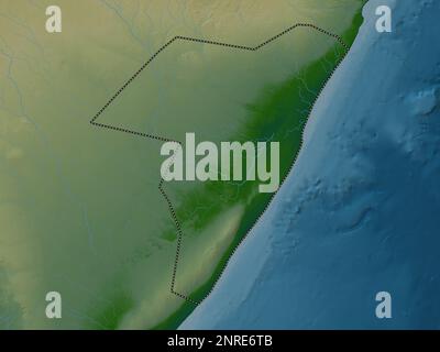 Mudug, region of Somalia Mainland. Colored elevation map with lakes and rivers. Locations and ...