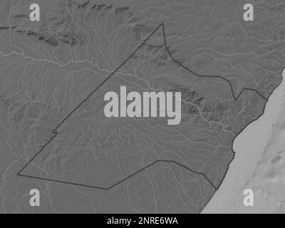 Nugaal, region of Somalia Mainland. Bilevel elevation map with lakes and rivers. Corner ...