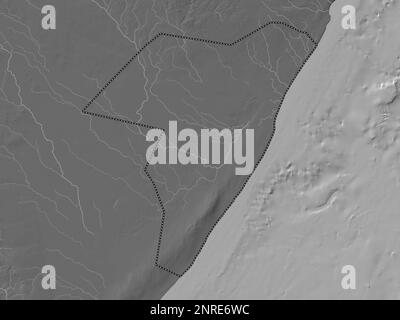 Mudug, region of Somalia Mainland. Bilevel elevation map with lakes and rivers. Locations of ...