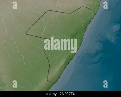 Mudug, region of Somalia Mainland. Colored elevation map with lakes and rivers. Locations and ...