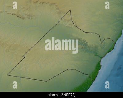 Nugaal, region of Somalia Mainland. Colored elevation map with lakes and rivers. Locations and ...