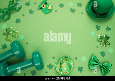 Green gym dumbbells, Irish hats with leaf clover, shamrock shaped ...