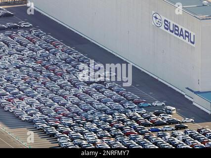 An aerial photo shows hundreds of Subaru's Legacy vehicle lined for ...