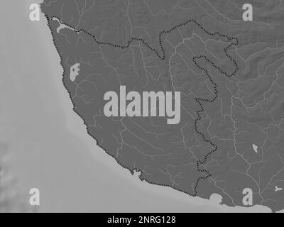 Galle, district of Sri Lanka. Grayscale elevation map with lakes and ...