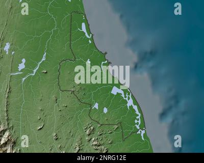 Batticaloa, district of Sri Lanka. Colored elevation map with lakes and ...