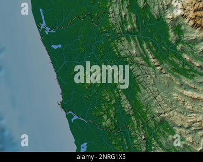 Kalutara, district of Sri Lanka. Colored elevation map with lakes and ...