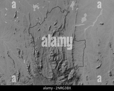 Matale, district of Sri Lanka. Grayscale elevation map with lakes and ...