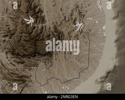 Moneragala, district of Sri Lanka. Colored elevation map with lakes and ...