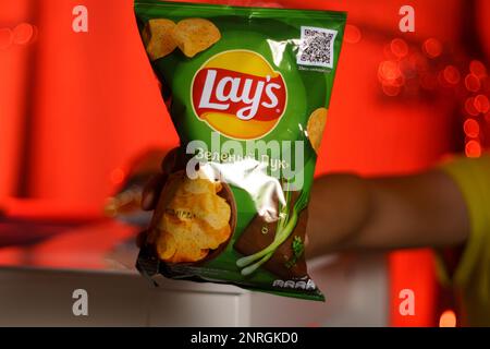 Tyumen, Russia-January 06, 2023: Bag Lays potato chips. Lays is the ...