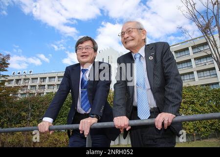 Japanese physicist Hiroshi Amano (L) and a chemist Akira Yoshino, both ...