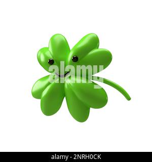 3D Green clover emoji leaf isolated on white background. Four leaf clover icon render with ...