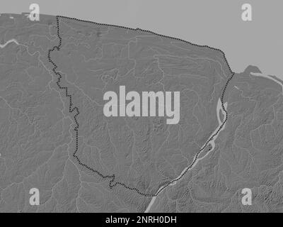 Marowijne, district of Suriname. Bilevel elevation map with lakes and rivers. Locations of major ...