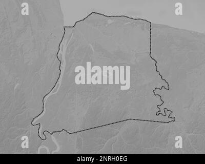 Nickerie, district of Suriname. Grayscale elevation map with lakes and ...