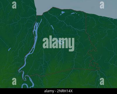 Nickerie, district of Suriname. Colored elevation map with lakes and ...