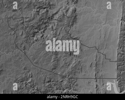 Shiselweni, district of Eswatini. Grayscale elevation map with lakes ...