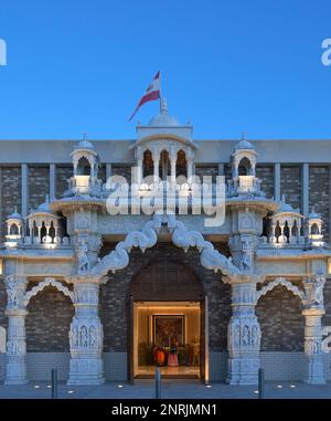 Overall view at dusk. Shree Swaminarayan Mandir, Oldham, United Kingdom ...