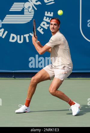 Lorenzo Sonego, an Italian tennis player, during a match at the Hong ...