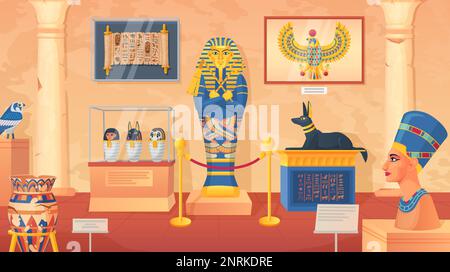 Ancient Egyptian god and pharaoh statues, throne, vase and column for ...
