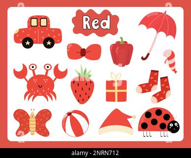 Learning colors. Red color. Flashcard for kids. Cute cartoon characters ...