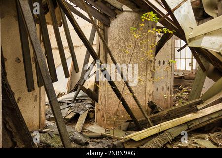 Abandoned place Industrial building: Sephia-coloured room with fallen ...