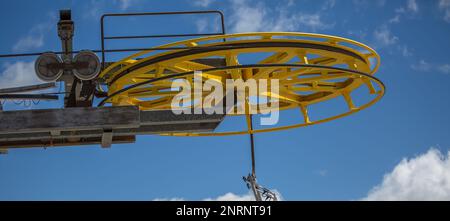 Detailed view of a mechanical industrial sheave train system, normally ...