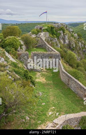 The Croatian flag flying over the Medieval Fortress in Ston, Croatia ...