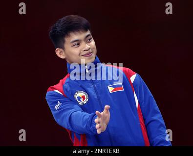 Carlos Edriel Yulo of Philippines celebrates during an award ceremony ...
