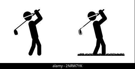 Stickman, stick figure man with golf stick and grass field. Golf player ...