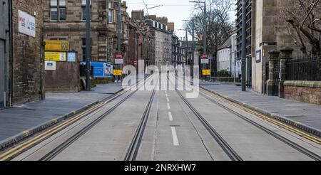 Nearly complete tram line tracks on extension on Constitution Street, Leith, Edinburgh, Scotland ...
