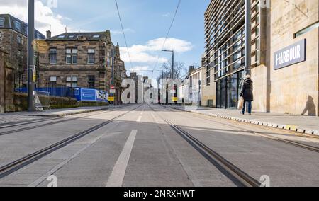 Nearly complete tram line tracks on extension on Constitution Street, Leith, Edinburgh, Scotland ...