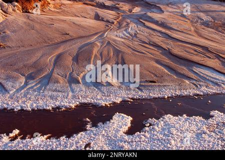 Potassium and salt crystals forming along the edge of a mineral seep ...