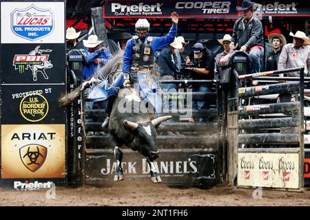 ANAHEIM, CA - SEPTEMBER 07: Ezekiel Mitchell rides bull Spotted Demon ...