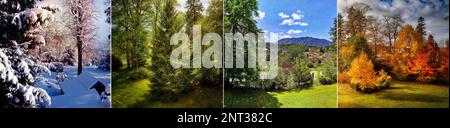 Germany, Bavaria, Panoramic view of double rainbow over Illertal Stock ...