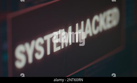 Multiple monitors displaying computer malfunction and security breach in empty programming ...