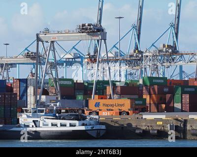 Loading containers onto a smaller ship for transport further inland, at ...