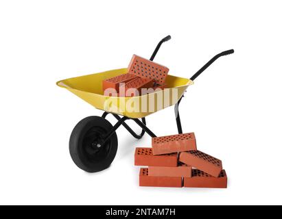Many red bricks with wheelbarrow on white background Stock Photo - Alamy
